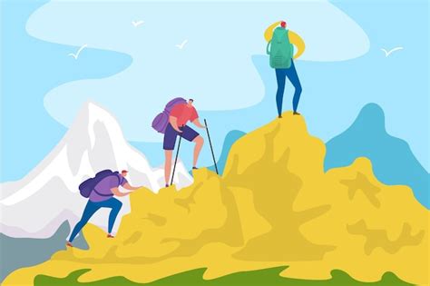 자연 개념 벡터 일러스트 여행에서 관광객 모험을위한 하이킹 산 여행 프리미엄 벡터