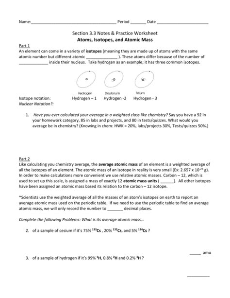 Atoms Isotopes And Atomic Mass Worksheet
