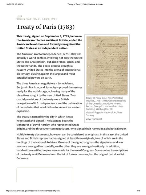 Treaty Of Paris 1783 Us Independence Pdf Government