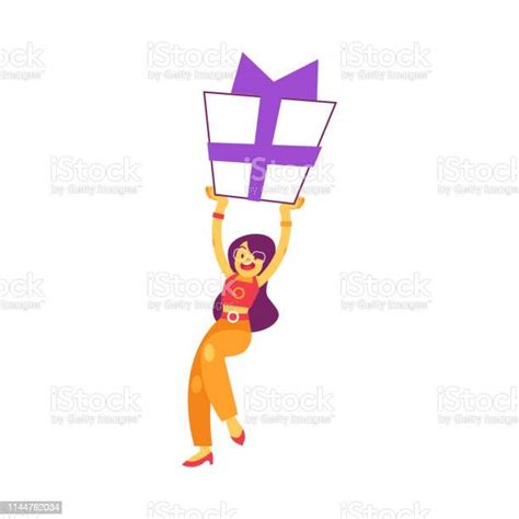 그녀의 머리 위에 큰 선물 상자를 들고 젊은 행복 한 웃는 여자의 벡터 일러스트 레이 션 가리기에 대한 스톡 벡터 아트 및 기타 이미지 가리기 공휴일 기념일 Istock
