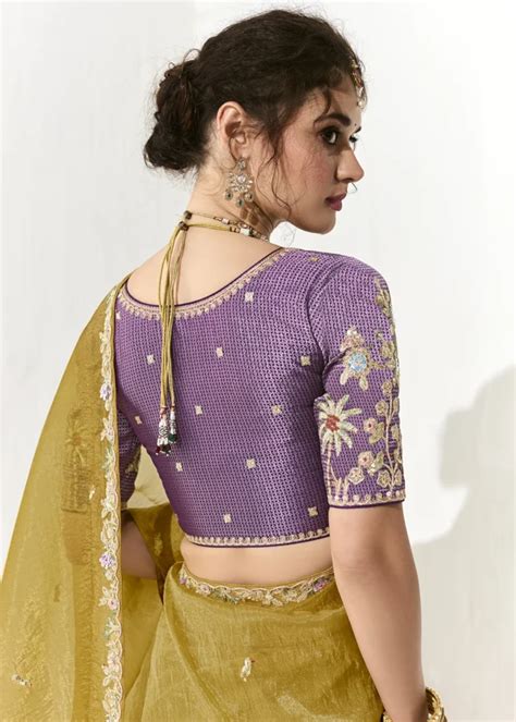 Mustard Yellow Embroidered Organza Saree With Purple Blouse Urban Womania