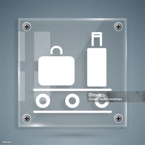 흰색 공항 컨베이어 벨트 승객 수하물 가방 가방 회색 배경에 격리 된 수하물 아이콘 정사각형 유리 패널 벡터 일러스트레이션