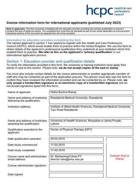 Hcpc Course Information Form Pdf