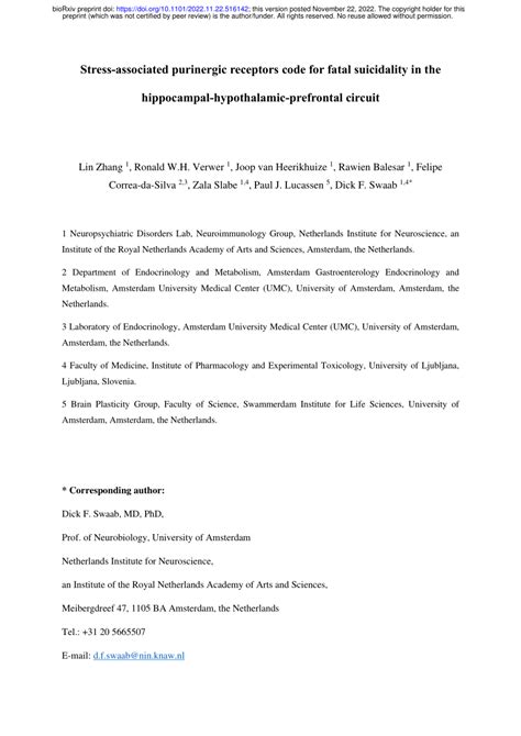 Pdf Stress Associated Purinergic Receptors Code For Fatal Suicidality In The Hippocampal