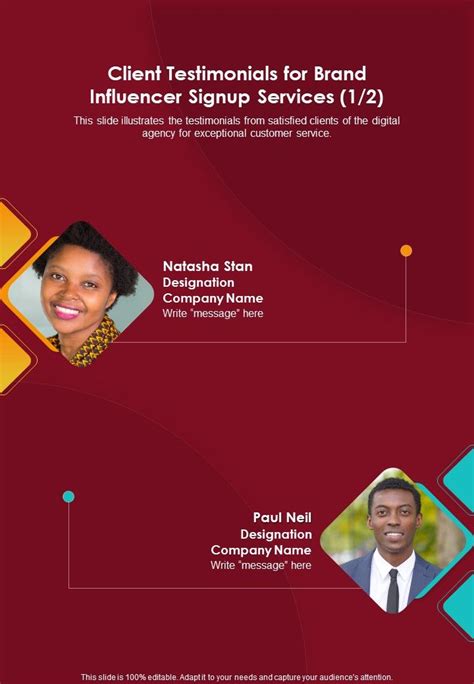 Client Testimonials For Brand Influencer Signup Services One Pager Sample Example Document Ppt Slide