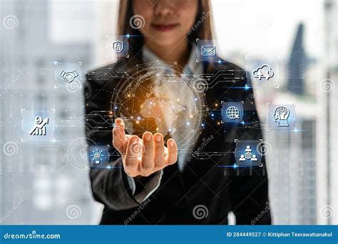 Businesswoman Using Smart Devices For Digital Technology Connection And Marketing Global