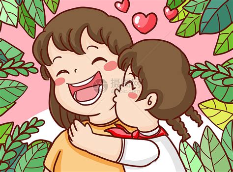 母亲节女儿开心亲妈妈手绘原创插画插画图片下载 正版图片401192212 摄图网