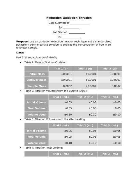 Reduction Oxidation Pre Lab Reduction Oxidation Titration Date Submitted By