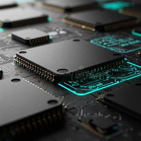 Black Microchips Are Arranged On A Circuit Board The Board Features Intricate Silver Stock