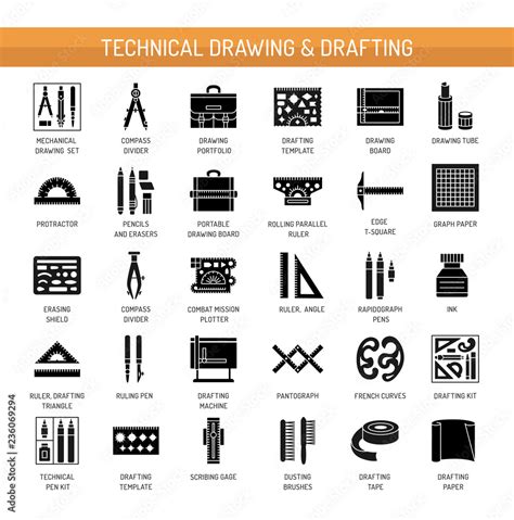 Technical And Engineering Drawing Tools Vector Flat Icon Set Architect