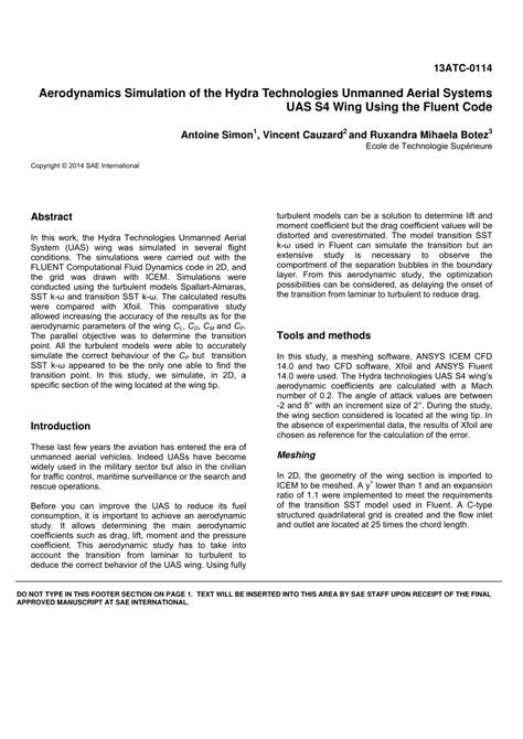 Pdf Aerodynamics Simulation Of The Hydra Technologies Unmanned Aerial System Uas S4 Using The