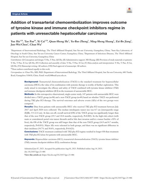 Pdf Addition Of Transarterial Chemoembolization Improves Outcome Of Tyrosine Kinase And Immune