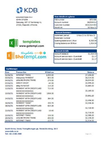 South Korea Kdb Bank Statement Easy To Fill Template In Excel And Pdf