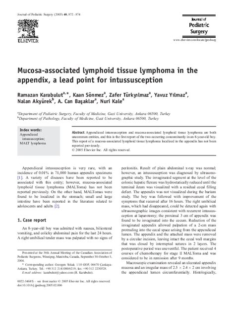 Pdf Mucosa Associated Lymphoid Tissue Lymphoma In The Appendix A Lead Point For Intussusception