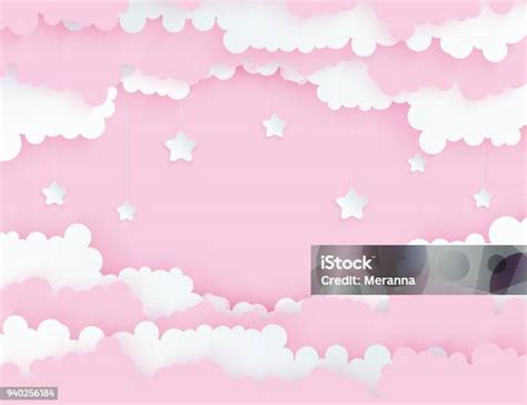 스타와 함께 현대적인 종이 예술 구름 귀여운 만화 파스텔 색상에 솜 털 구름과 하늘 흐린 날씨입니다 종이 접기 스타일 0명에