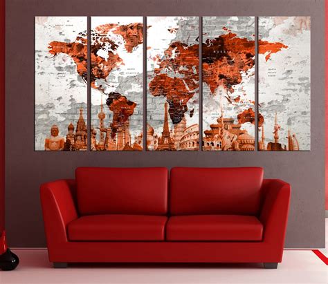 Large World Map Canvas Travel Map Wall Art Watercolor World Map Push Pin With Countries For