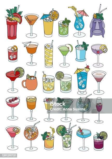 무지개 Lgbt 색상 그라디언트의 바 칵테일의 A4 포스터 크기 컬렉션 세트 게이 바 다양성 프라이드 파티 초대장 카드 또는 스티커 흰색 배경에 낙서 만화 스타일 일러스트