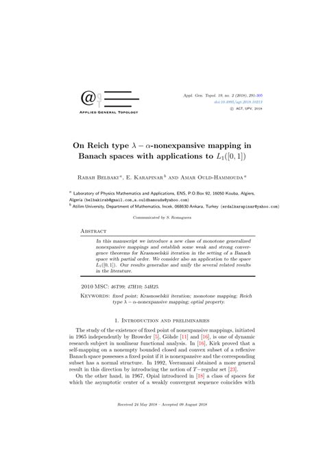 Pdf On Reich Type λ−α Nonexpansive Mapping In Banach Spaces With Applications To L1 01