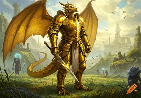 A Bronze Dragonborn Cleric In Heavy Armor Holds A Mace And Shield In A