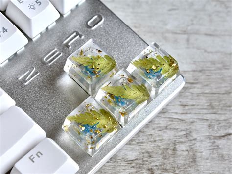 PCS Keycaps Set For Mechanical Keyboard Arrow Keys With Natural Fern Leaves And Golden Flakes