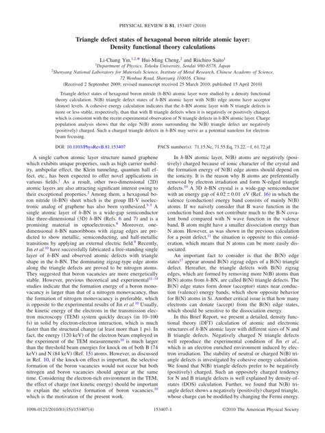 Pdf Triangle Defect States Of Hexagonal Boron Nitride Atomic Layer Density Functional Theory