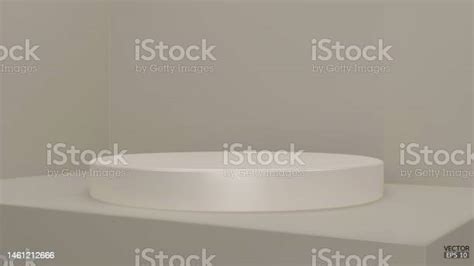 베이지색 스튜디오 배경에 반짝이는 베이지색 둥근 받침대 제품을 보여주기위한 빈 디스플레이 또는 클린 룸 연단 전시 또는 쇼케이스를 위한 미니멀리스트 모형 3d 벡터