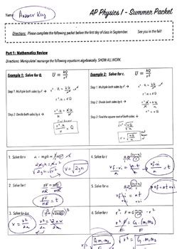 AP Physics 1 Summer Packet ANSWER KEY By Dr Moore Chemistry Physics
