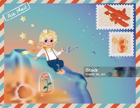 그의 행성에 어린 왕자 B612로 알려진 소행성 물과 함께 앉아 있는 어린 소년은 장미 근처에 있습니다 작은 여우와 비행기 스탬프 인사말 또는 베이비 샤워 엽서 남자 아기에