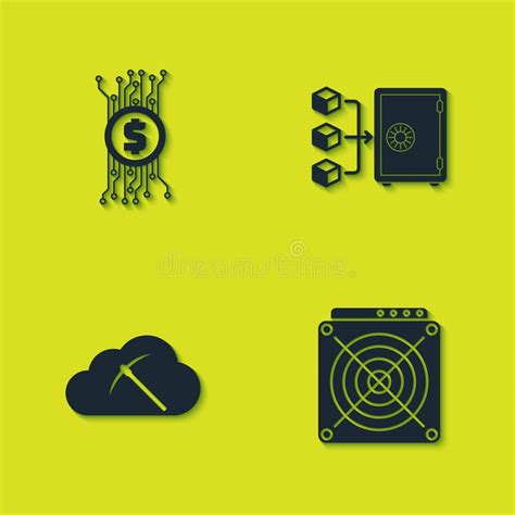 Set Cryptocurrency Bitcoin In Circuit Asic Miner Cloud Mining And Proof Of Stake Icon Vector