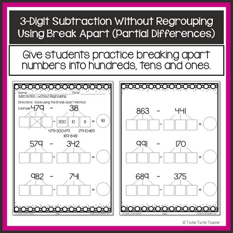 3 Digit Subtraction Without Regrouping Using Break Apart Partial