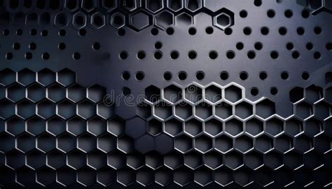 Dark Metallic Surface With Hexagonal And Circular Holes Creating An Abstract Pattern Stock