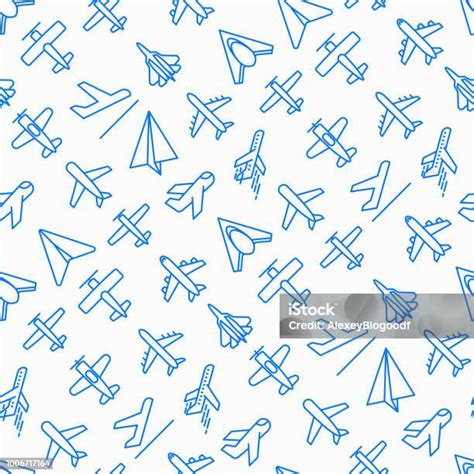 얇은 선 아이콘으로 비행기 원활한 패턴 종이 비행기 군 항공 여객기의 농업 항공기 상단 측면 정면 전망입니다 현대 벡터 일러스트입니다 공항에 대한 스톡 벡터 아트 및 기타
