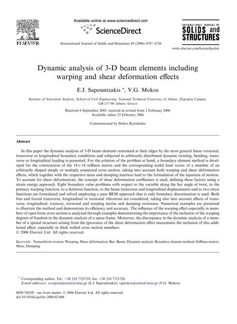 Pdf Dynamic Analysis Of 3 D Beam Elements Including Warping And Shear Deformation Effects
