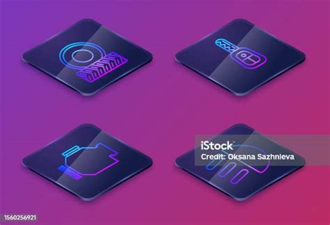 아이소메트릭 라인 자동차 바퀴 엔진 점검 리모컨이 있는 자동차 키 및 상향등을 설정합니다 파란색 사각형 버튼입니다 벡터 3차원 형태에 대한 스톡 벡터 아트 및 기타 이미지