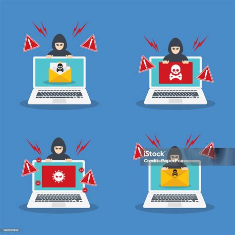 Hacker Malware Notification On Laptop Computer Hacker With Laptop Computer Stealing Confidential