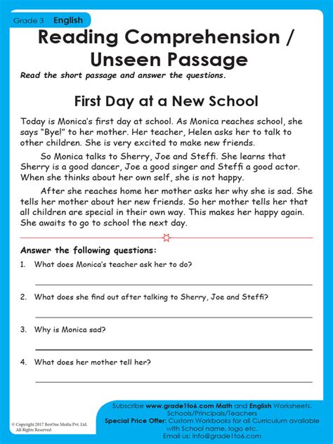 Comprehension Passage First Day At New School Pdf