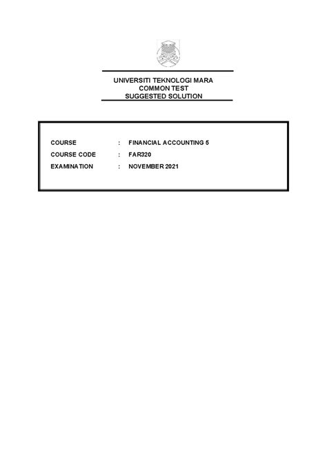 Answer Scheme Ct Universiti Teknologi Mara Common Test Suggested Solution Course Financial