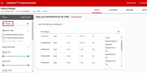 Webench® Toolstps560430 Design Cannot Be Created Warning In Webench Simulation Hardware