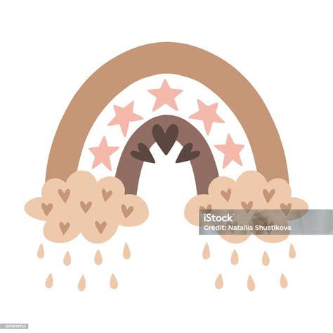 순진한 어린이 스타일의 구름이 있는 보헤미안 무지개 가을 색깔의 그림입니다 따뜻한 파스텔 색상의 무지개 인사말 카드 초대장