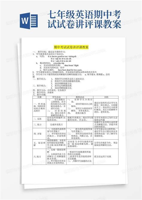 七年级英语期中考试试卷讲评课教案Word模板下载 编号qvwyobae 熊猫办公