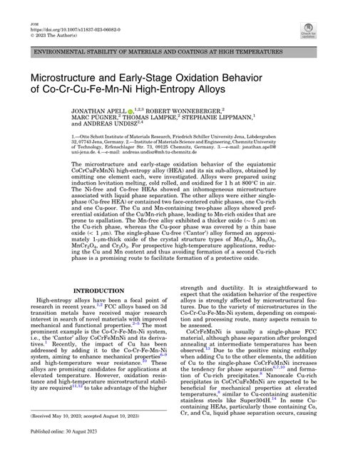 Pdf Microstructure And Early Stage Oxidation Behavior Of Co Cr Cu Fe Mn Ni High Entropy Alloys