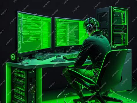 Premium Ai Image Smart Male It Programer Working On Desktop Green Mockup Screen Computer In