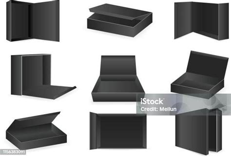 블랙 페이퍼 골판지 패키지 상자 아이소메트릭 오픈 빈 팩 상자 고립 된 아이콘 설정 현실적인 템플릿 디자인 벡터 일러스트 닫은에 대한 스톡 벡터 아트 및 기타 이미지