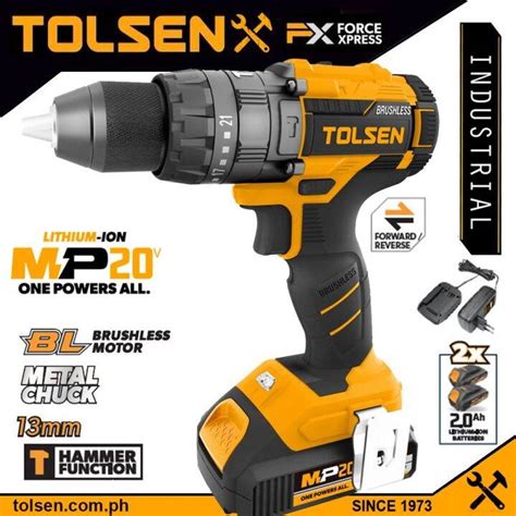 Tolsen Li Ion Brushless Cordless Impact Drill W 2 Battery And Hard Case 13mm Metal Chuck All In