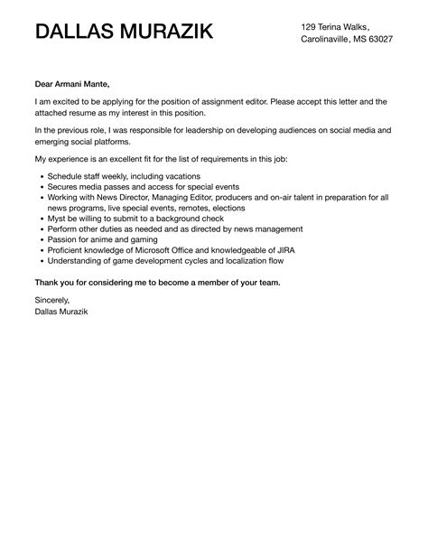 Assignment Editor Cover Letter Velvet Jobs