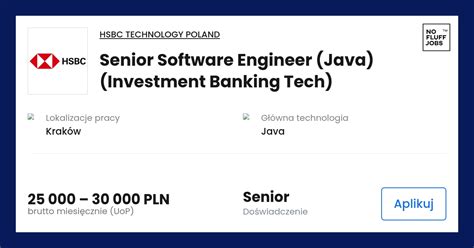 Praca Senior Software Engineer Java Investment Banking Tech