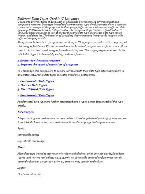 Different Data Types Used In C Language Pdf Data Type Integer