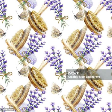 라벤더 꽃다발 마사지 브러쉬 나비 완벽 한 패턴 손으로 그린 수채화 그림이 흰색에 고립되어 있습니다 섬유 커버 직물 포장지 벽지 수건 냅킨 건강관리와 의술에 대한 스톡 벡터