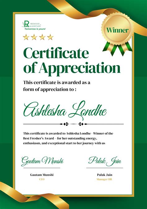 grateful bestfresheraward certificateofappreciation redwoodalgorithms… ashlesha londhe