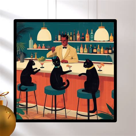 Black Cats Day Drinking Art Cocktail Poster Mid Century Cat Art Retro Bar Decor Cat Mom T